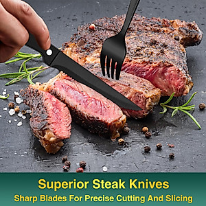 Yoehka 48-Piece Black Silverware Set with Steak Knives,Stainless Steel Black Flatware Cutlery Set for 8, Durable Home Kitchen Eating Tableware Set, Include Fork Knife Spoon Set, Hand Wash Recommended