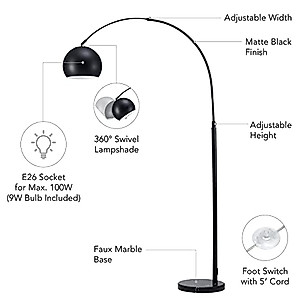 VONLUCE Arc Floor Lamps Metal Shade, Adjustable Modern Contemporary Brushed Nickel Tall Arched Floor Lamp Over The Couch, 360° Rotatable Standing Lamp for Reading Office, Bedroom, Living Room Black