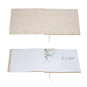 Avamie Wedding Guest Book, 120 Lined Pages Guest Sign-in Book Guest Registry Guestbook Planner, White Cover With Gold Foil and Greenery Design, Gold Gilded Edges and Gold Ribbon, 7x9 inches, Hardbound