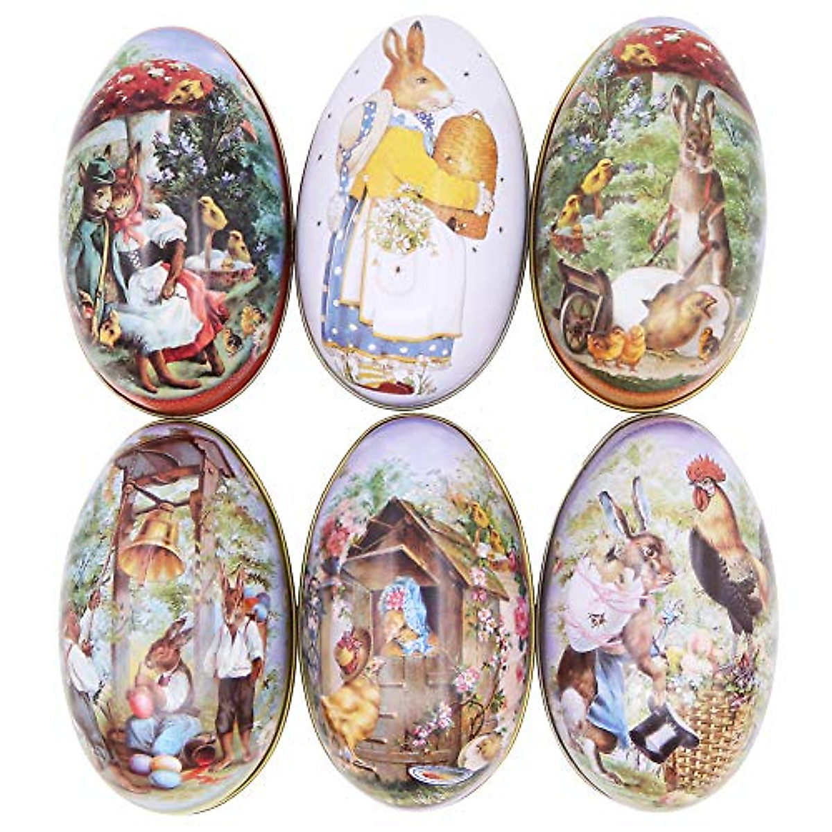 Winterworm 6pcs Creative Cute Tin Bunny Chick Printing Alloy Metal Easter Eggs Shaped Candy Box Holder