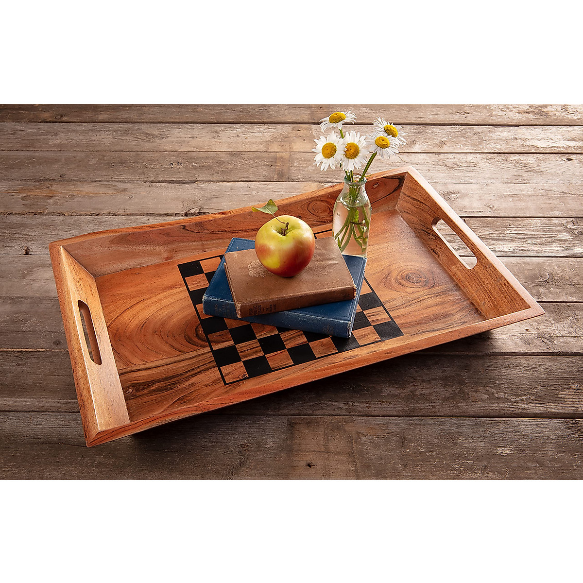 Wonder-ful Gifts Serving Tray with Chessboard - Chess and Checkers Pieces Included
