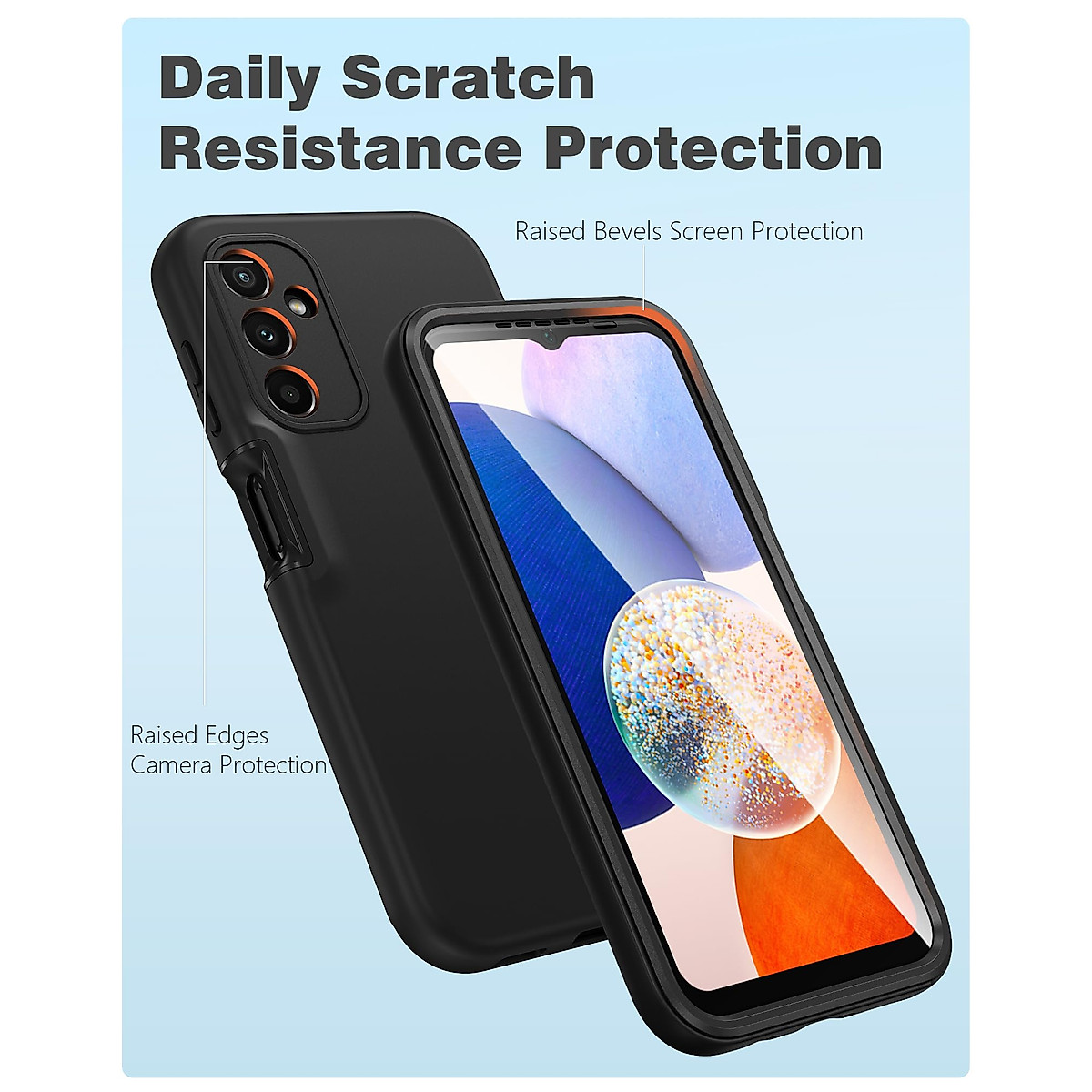 FNTCASE for Samsung Galaxy A14-5G Case: Shockproof Silicone Protective Phone Case with Built-in Screen Protector - Slim Dual Layer Rugged Sturdy Drop Proof TPU Protection Cover (Plain Black)