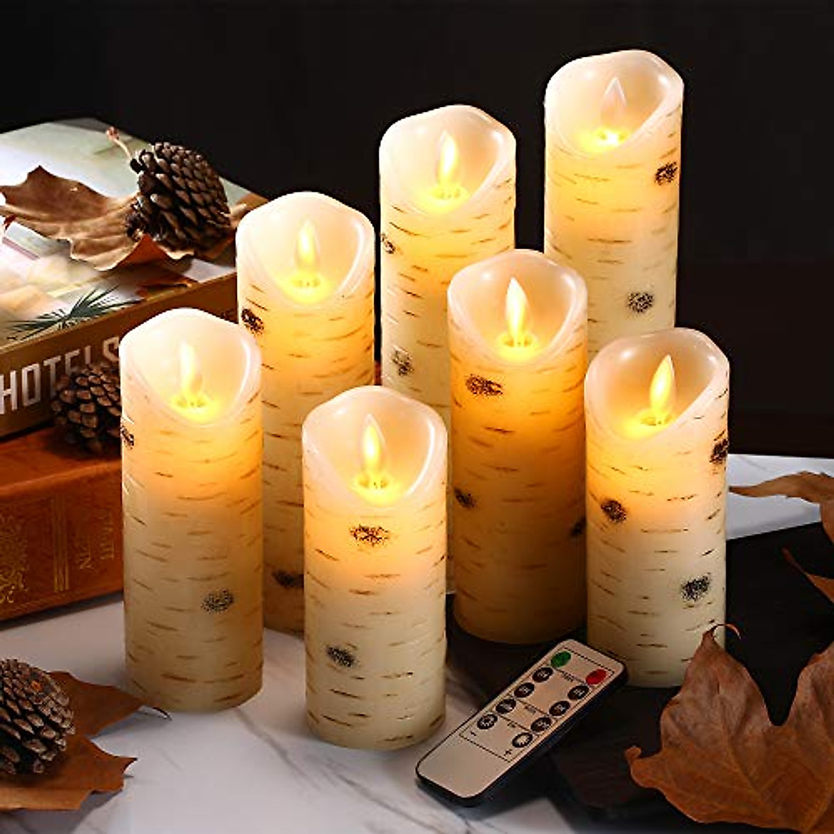 kedtui Flameless Candles Battery Operated Candles with Birch Bark Effect Set of 7 Ivory Real Wax Pillar Dancing LED Flames Candles with 10-Key Remote Control and Cycling 24 Hours Timer…