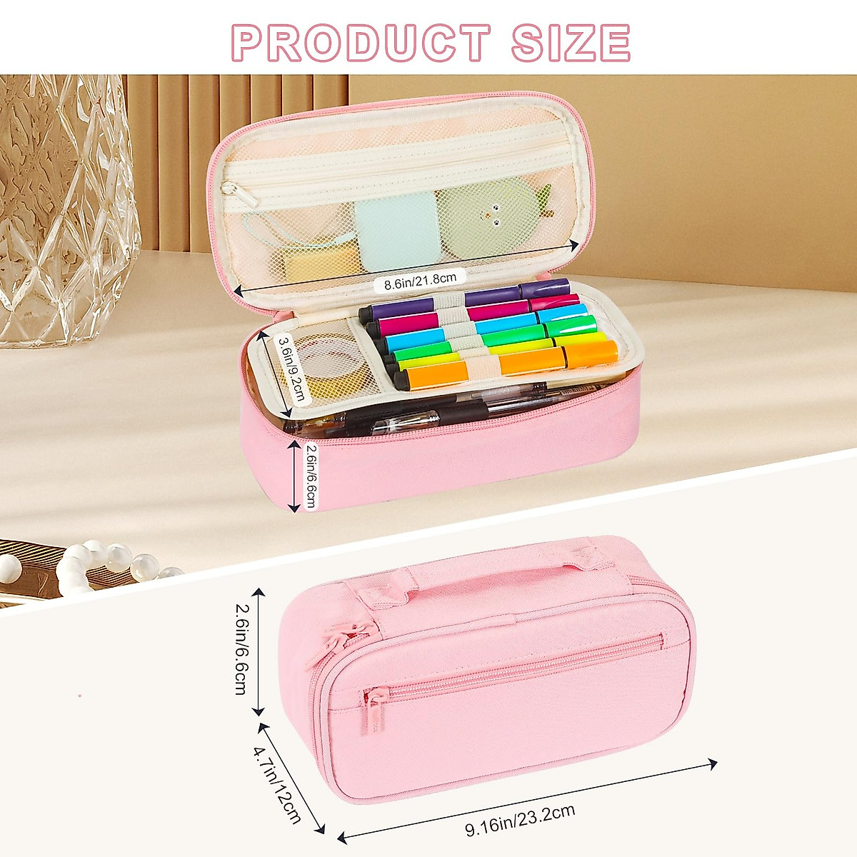 Betarami Pink Pencil Case with Handle, Portable Stationery Case, Pencil Pouch, Large Pencil Case for Home, School &Office