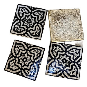Painted Black White Ceramic Tile 4x4 - Moroccan Hand Painted Square Tile Zellige for Kitchen Backsplash, Outdoor/Indoor Tiles Bathroom or Shower Tile, Handmade Ceramic Traditional Tile (20 Tiles)
