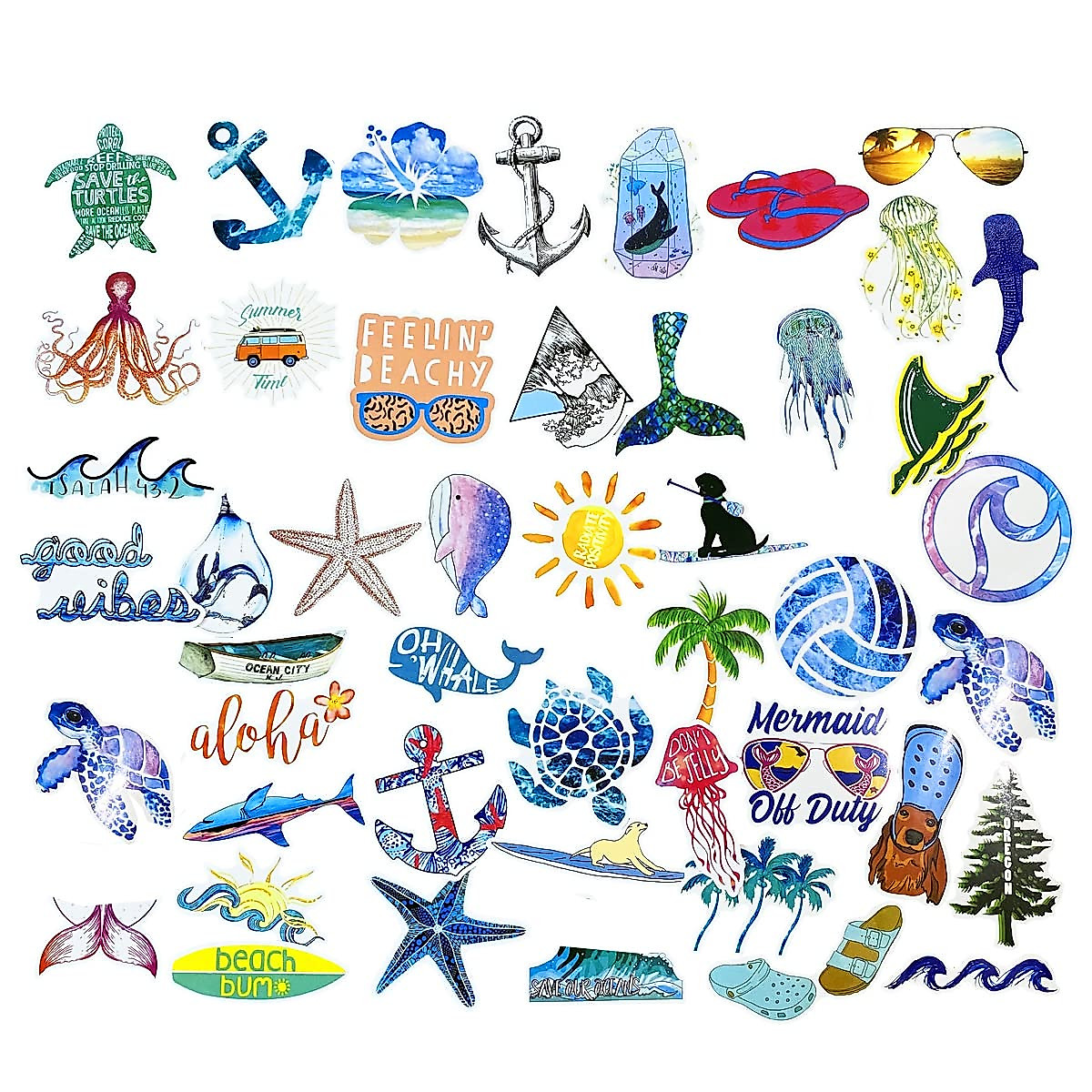 Beach Stickers 50pcs, Blue Surfing Waves Fresh Lively Turtle Laptop Water Bottle Decals Cartoon Vitality Aesthetic Sticker Pack for Teen Girl (Beach Surfing)