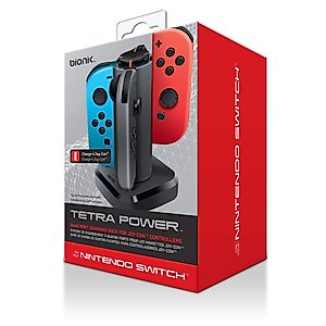 Bionik Tetra Power - Nintendo Switch Joy Con Charging Dock (4 Controllers) with Built-In Cable Adjustment System and LED Charge Status Indicators