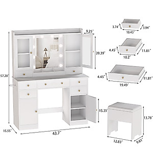 HUANLEGO Vanity Desk with Mirror and Lights, White Vanity Mirror with Lights Desk and Chair &7 Drawers, Cabinets Makeup Vanity Table with with Stool for Bedroom 3 Lights Mode and Brightness Adjusted