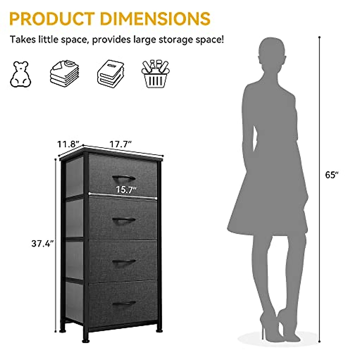 DWVO 4 Drawers Dresser, Small Dresser for Bedroom, Fabric Storage Tower, Chest of Drawers, Organizer Unit for Closets, Living Room, Sturdy Steel Frame, Wooden Top, Easy Pull Handle, Black Grey