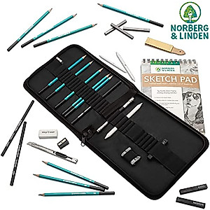 Norberg & Linden XL Drawing Set - Sketching, Graphite and Charcoal Pencils. Includes 100 Page Drawing Pad, Kneaded Eraser, Blending Stump. Art Kit and Supplies for Kids, Teens and Adults.