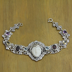 NOVICA Artisan Handmade Multigemstone Link Bracelet Carved Bone from Bali Sterling Silver Amethyst Citrine Garnet Blue Topaz Multicolor Pendant Indonesia Birthstone Balinese Traditional [7.5 in L x 1]