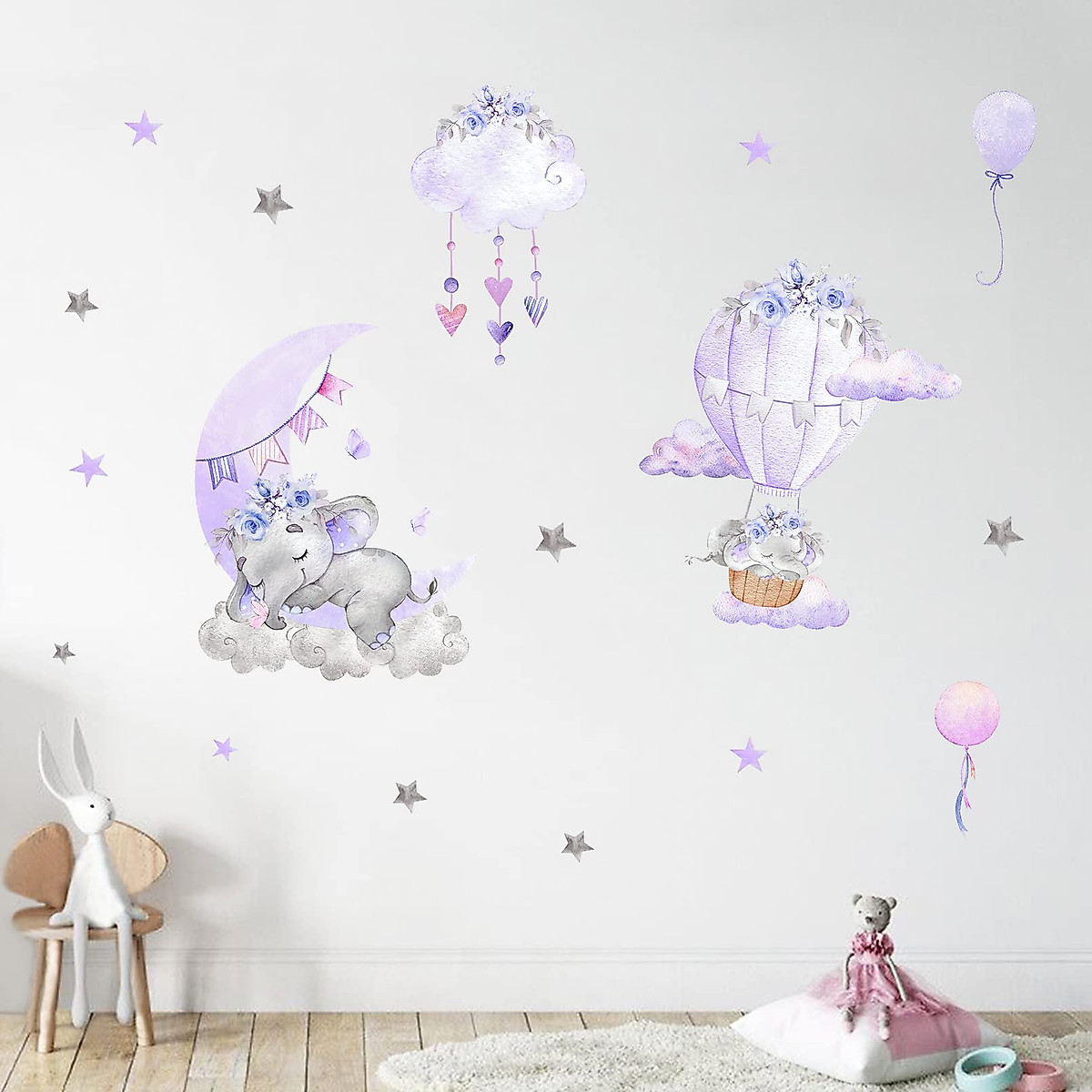 Yovkky Girls Purple Elephant Wall Decals Stickers, Moon Cloud Hot Air Balloon Flower Grey Stars Nursery Decor, Baby Shower Bedroom Decorations Toddler Kids Room Art Party Supply Gift