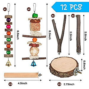 12PCS Bird Perches for Cage Bird Stand Chew Toys, Natural Wood Parrot Perch Stand Perch Platform Cage Accessories for Parakeets Budgies Cockatiels Conure Lovebirds