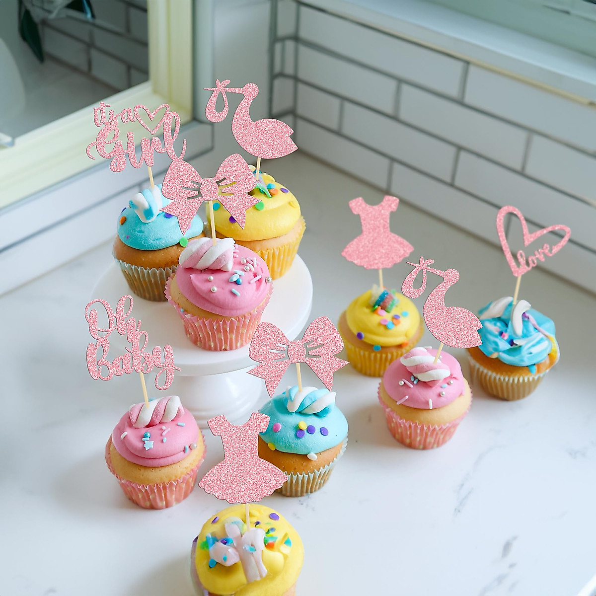 Gyufise 36 Pack Oh Baby Cupcake Toppers It's a Girl Cupcake Toppers with Bow Dress Love Heart Pink Glitter Cake Picks Decorations for Baby Shower Girl Birthday Party Supplies