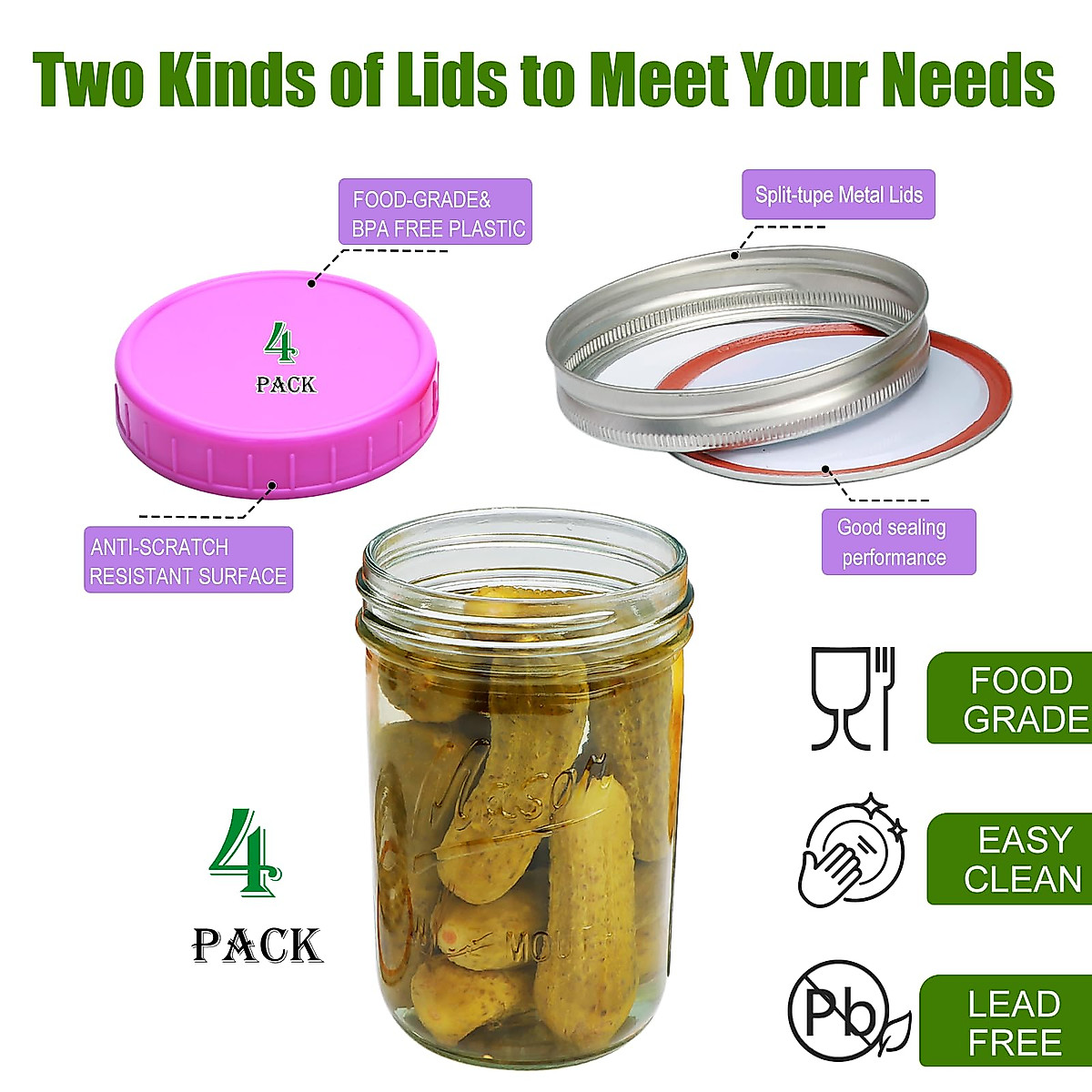 Woaiwo-q 4 Pack Wide Mouth Mason Jars 16oz, Mason Jars with Metal Airtight Lids and Bands - For Canning, Fermenting, Pickling - Jar Décor/Microwave/Freeze/Dishwasher Safe