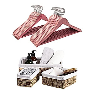 FairyHaus Natural Cedar Wooden Coat Hangers 18Pack & Seagrass Wicker Storage Baskets for Organizing 3Pack