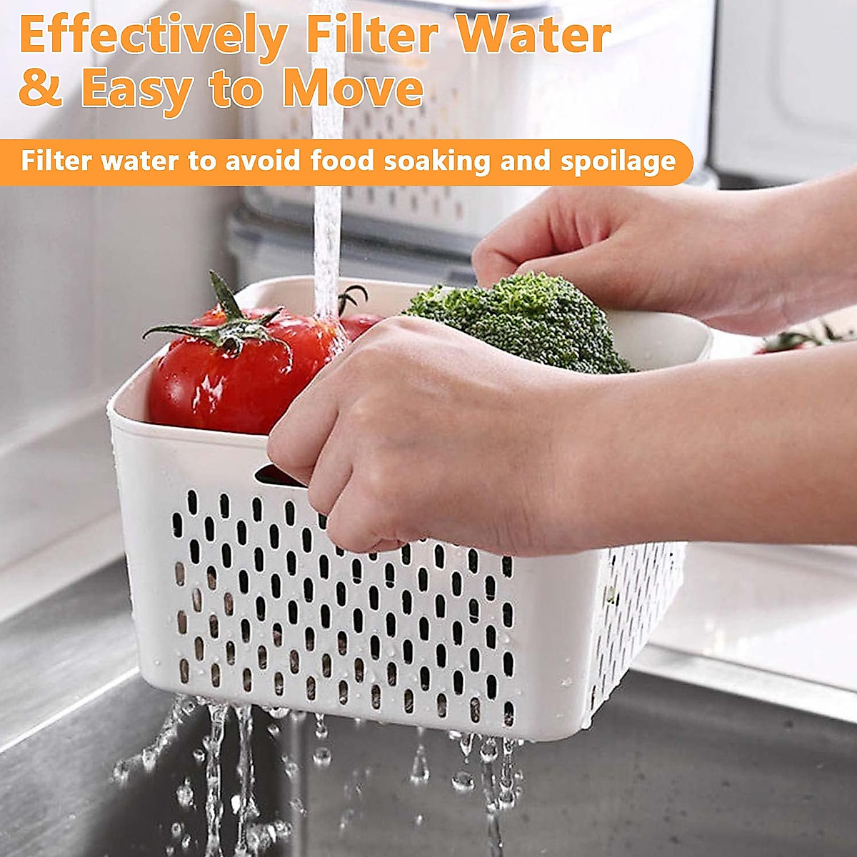 HOMEEE 4 Pack Large Airtight Fridge Food Organizer Containers, Fruit and Vegetable Storage Containers with lids, Portable Outdoor Picnics Food Storage with Removable Colanders(4.15L+3.15L+1.7L+0.8L)