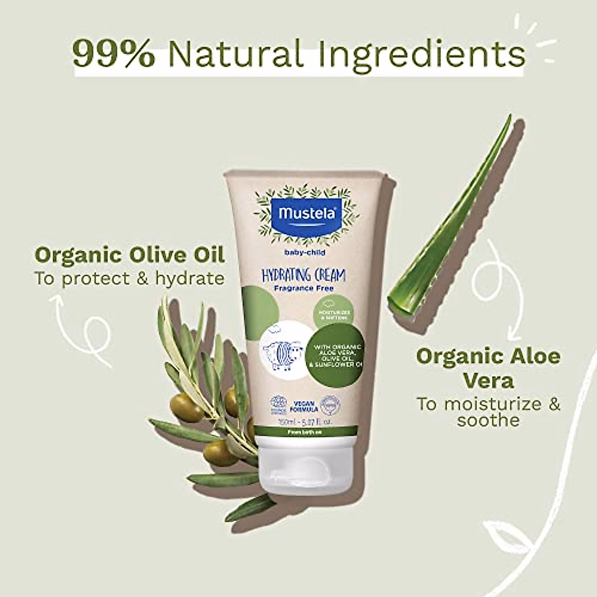 Mustela Certified Organic Hydrating Cream - Natural Body Lotion with Olive Oil, Aloe Vera & Sunflower Oil - For Baby, Kid & Adult - Fragrance Free, EWG Verified & Vegan - 5.07 fl. oz.