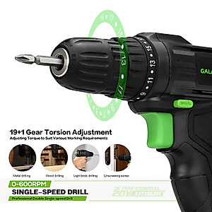 GALAX PRO 20V Cordless Drill Driver with Work Light, Max Torque 20N.m, 3/8 Inch Keyless Chuck, 19+1 Position, Single Speed 0-600RPM, 1.3Ah Battery and Charger Included