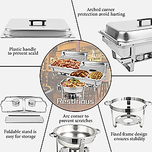 Restlrious Chafing Dish Buffet Set 6 Pks, Stainless Steel 5QT Round & 8QT Rectangle Foldable Chafers & Buffet Warmers Set, w/Full & Half Size Food Pan, Water Pan, Fuel Holder & Lid for Catering Event