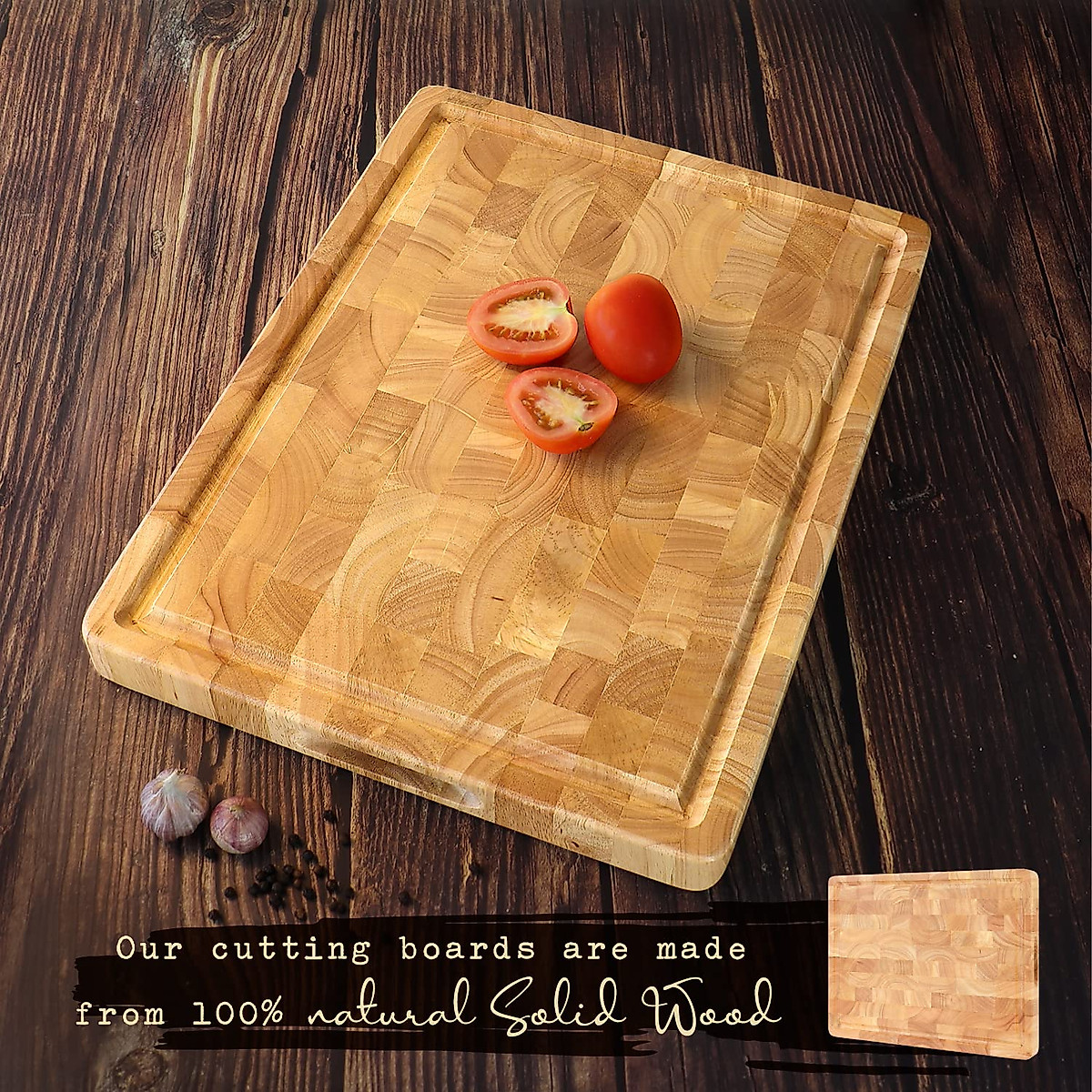 Cutting Board (17x13x1,5in) Wood Cutting Board, End Grain Cutting Board, Wooden Butcher Block, Chopping Board - Reversible Multipurpose For Kitchen with Juice Groove, Cracker Holder & Inner Handles.
