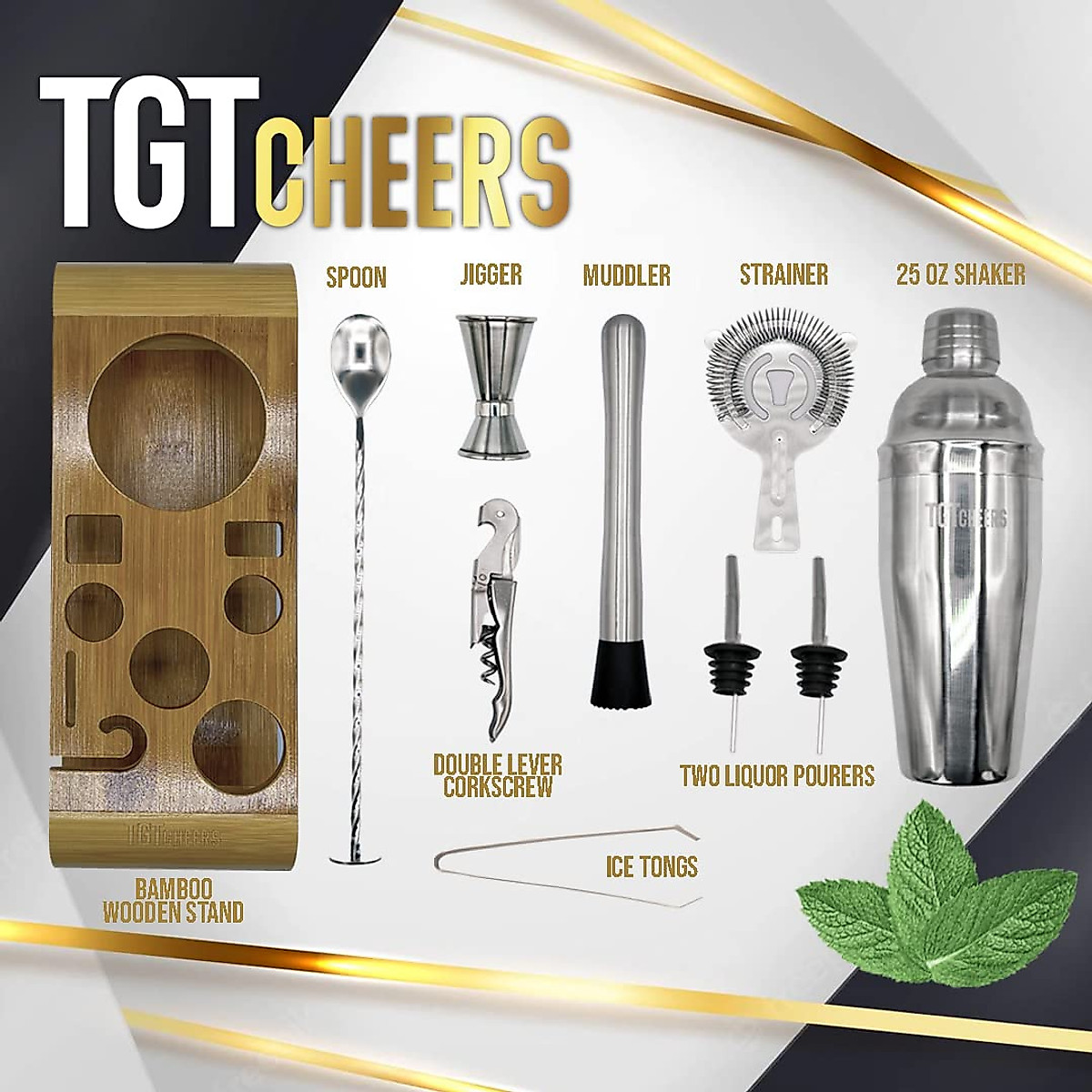 TGT CHEERS Cocktail Shaker Set with Stylish Bamboo Stand 11-pcs | Home Mixology Bartender Kit Gift Box | Cocktail Making Barware tool Set Mixer 25 oz Coctelera Perfect for Home Christmas Gift for him