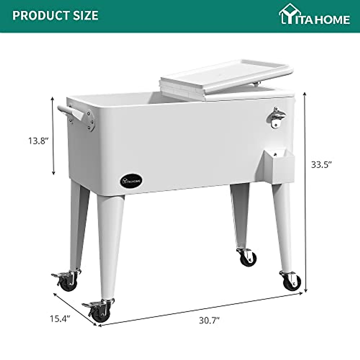 YITAHOME 80 Quart Rolling Cooler Cart with Bottle Opener Drainage, Portable Patio Cooler Rolling on Wheels, Outdoor Rolling Beverage Cart Drink Cooler for Patio Pool Deck Party Cookouts (White)