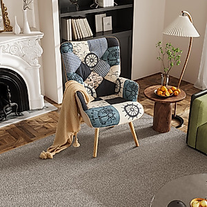 Fahomiss Accent Chair, Living Room Chair, Modern High Back Armchair, Colorful Patchwork Reading Chairs for Bedroom, Lounge Chair with Linen Fabric Shell and Solid Wood Feets (1, Blue)