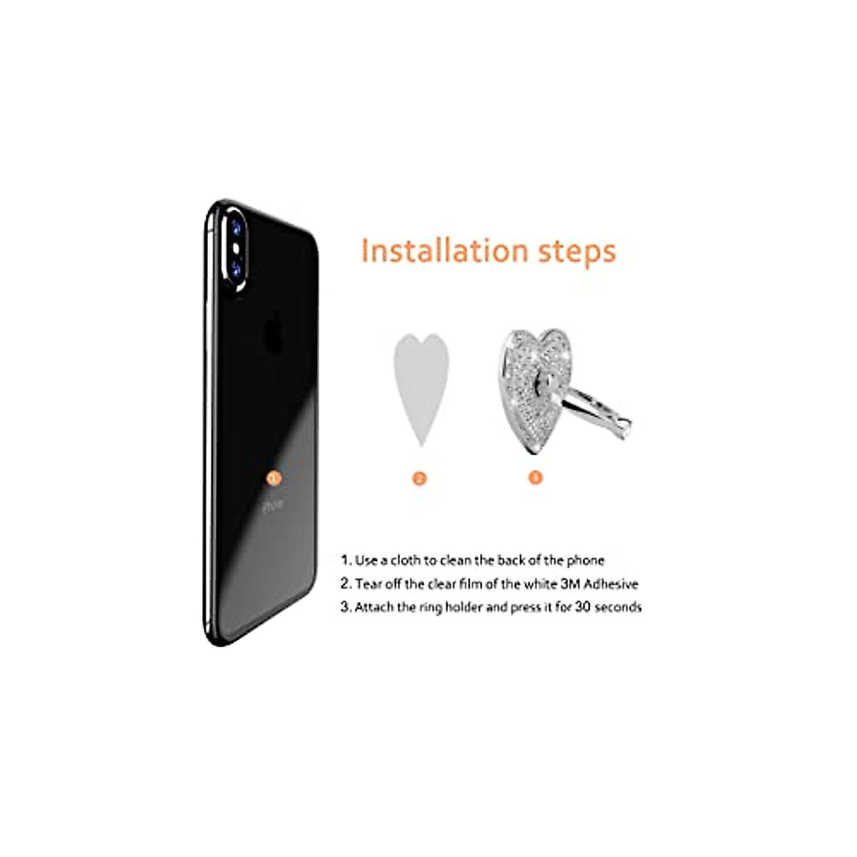 Cell Phone Finger Ring Stand with Sparkly Diamond, Nsiucion Heart Phone Ring Kickstand Holder [Washable] [Removable], 360°Rotation Zinc Alloy Ring Grip Stand for All Phones and Tablets (Silver)