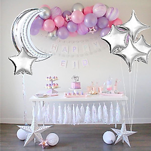 42pcs Silver Star Balloons Silver Moon Balloons Star Balloons Metallic Moon and Star Balloons for Ramadan Eid Mubarak Decorations Graduation, Baby Shower, Space Birthday Party Decorations Supplies