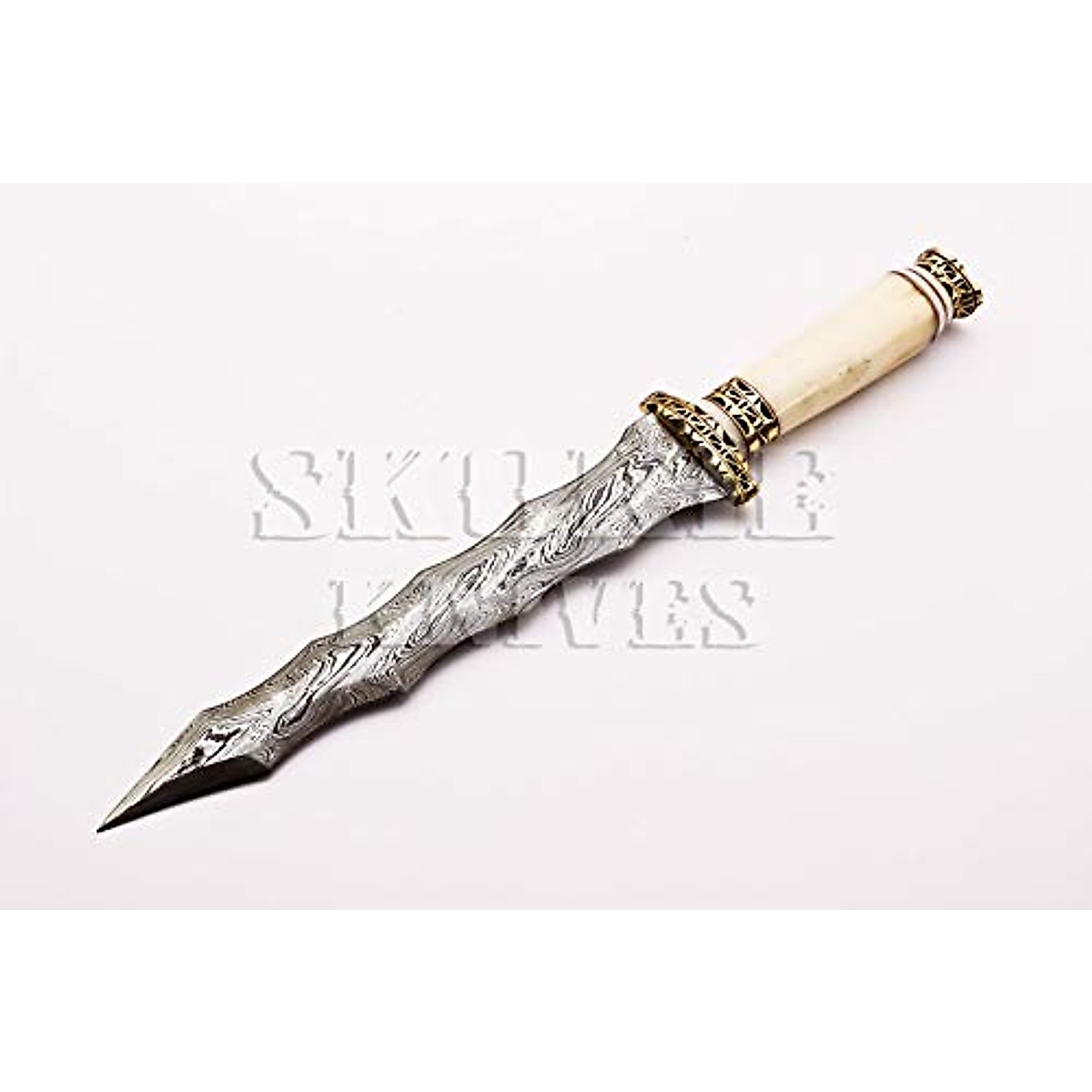 Skokie Knives HAND MADE DAMASCUS STEEL HUNTING DAGGER KNIFE WAVY BLADE WITH ORIGINAL CAMEL BONE