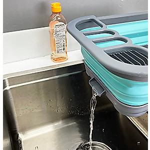 SAMMART 7.3L (1.9 Gallon) Collapsible Dish Drainer with Drainer Board - Foldable Drying Rack Set - Portable Dinnerware Organizer - Space Saving Kitchen Storage Tray (Grey/Crystal Blue)