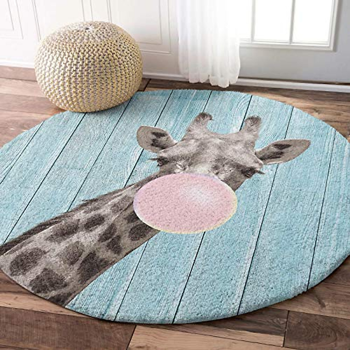 Round Fluffy Soft Area Rug 5' x 5', Giraffe Blowing Bubbles Blue Shaggy Plush Circle Carpet for Kids Teen's Room, Non-Slip No-Shedding Rug for Bedroom Living Room Nursery Room