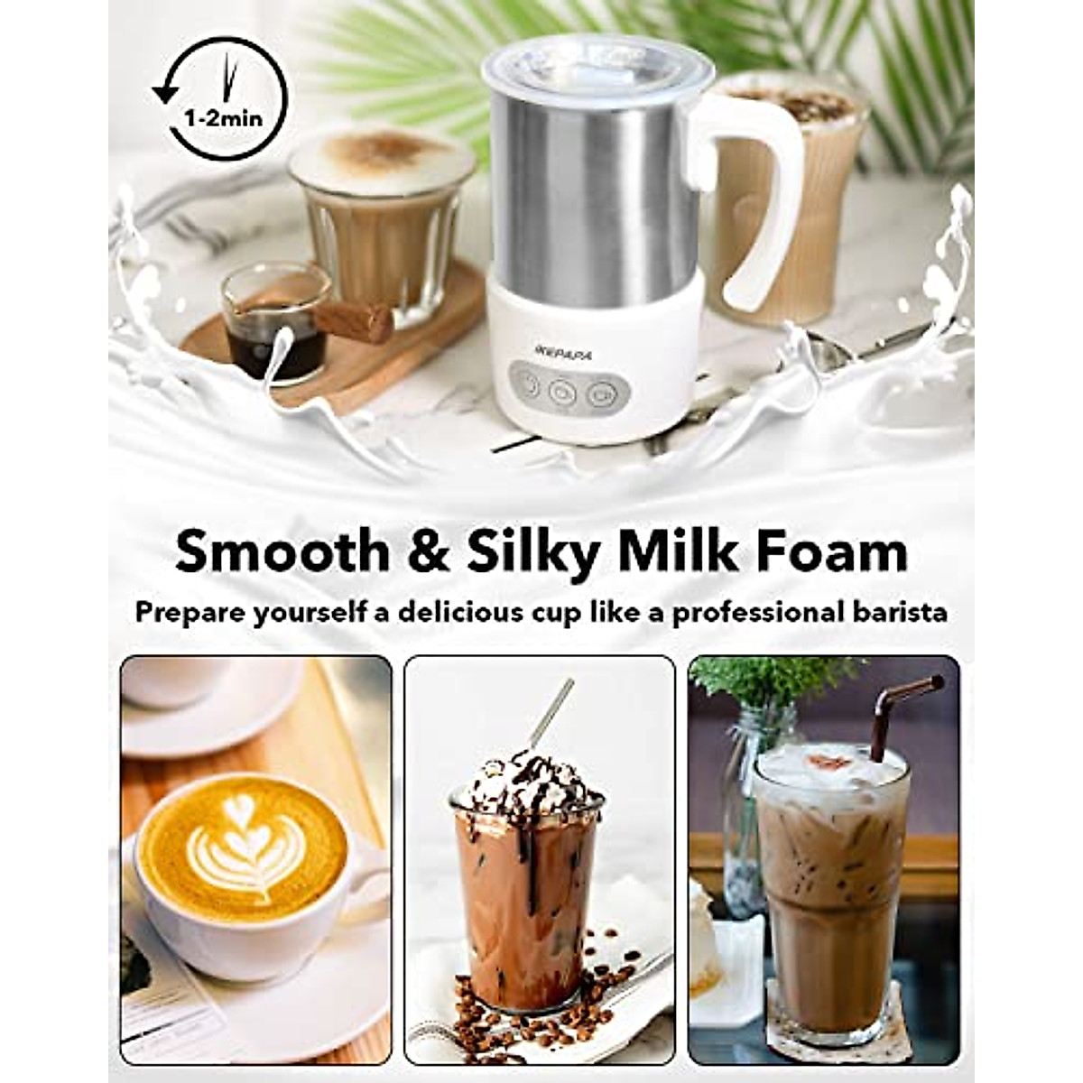 iKEPAPA Milk Frother – Electric Milk Frother and Steamer for Home – 13.5oz/380ml Large Capacity – 5-in-1 Functions with Heating and Frothing – Ideal for Latte, Cappuccino, Chocolate, Hot Milk, 500W