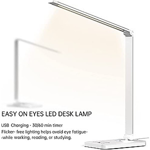 Ambertronix LED Desk Lamp with USB Charging Port, Dimmable Eye-Caring Reading Desk Light for Home, with 5 Brightness Level & 3 Lighting Modes, Touch Control, Auto Timer (White)