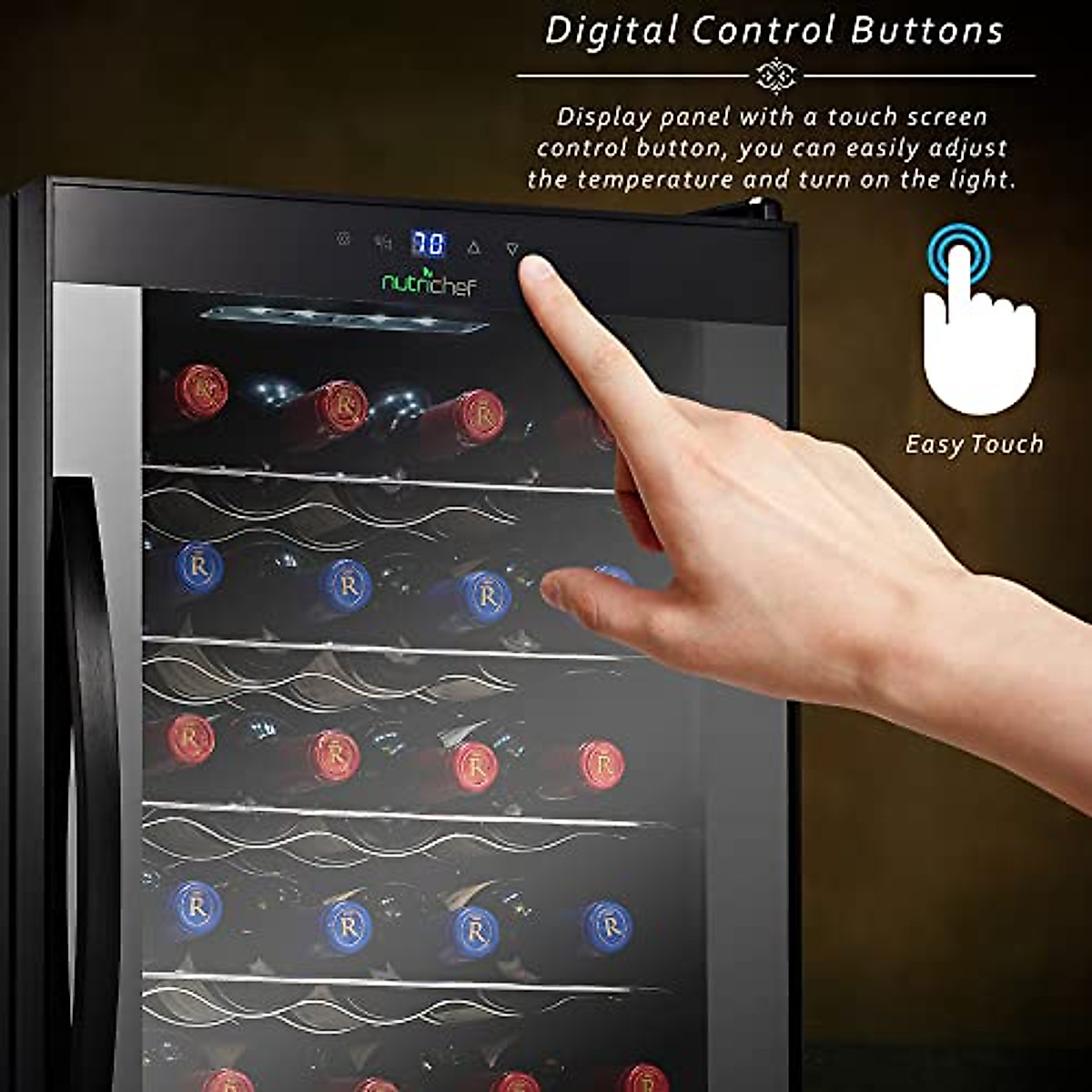 NutriChef 24 Bottle Compressor Wine Cooler Refrigerator Cooling System | Large Freestanding Wine Cellar Fridge For Red And White Champagne or Sparkling, Black Glass Door