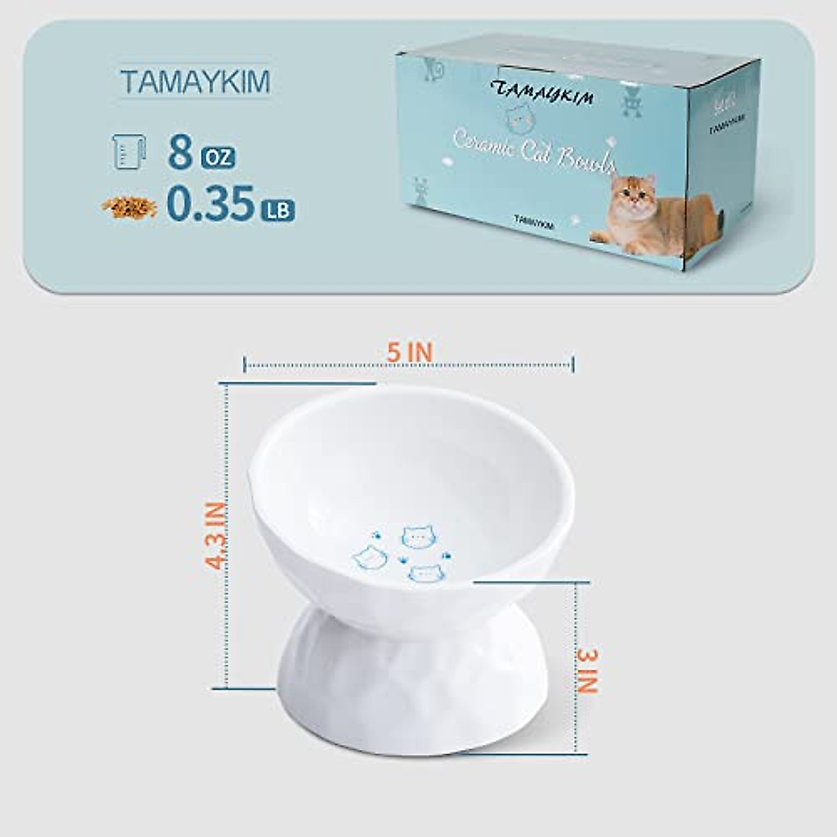 TAMAYKIM Tilted Ceramic Raised Cat Bowls, 8 OZ Food and Water Bowl Set for Cats, 5 inch Porcelain Elevated Stress Free Feeding Pet Dish, Dishwasher and Microwave Safe, 2 Pack (White & Mint Green)
