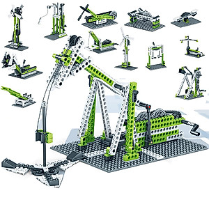 Ulanlan STEM Mechanics Gears Construction Kit 13 Models in 1, Motion Essential Set, Ferris Wheel/Merry-go-Round/Seesaw/Crane/Windmill Engineering Science Education Building Kit