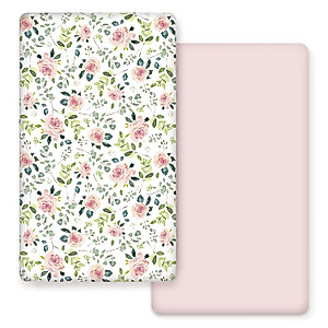 GRSSDER Stretchy Ultra Soft Jersey Knit Fitted Crib Sheets Set 2 Pack, Cozy Crib Sheet Girl Fits All Standard Crib Mattress Pads, Beautiful Pink Rose Print