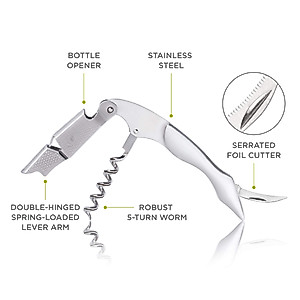 True Sommelier Waiter's Corkscrew - Professional Wine Bottle Opener, Wine Accessories, Gift for Wine Lovers, Stainless Steel - Set of 1, Silver