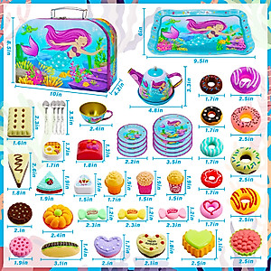 48PCS Tea Party Set for Little Girls - Princess Tea Time Mermaid Theme Tin Tea Set, Role-Playing Teapot Dessert Carrying Box for Girls Ages 3+ Party Gifts, Kitchen Pretend Play, Table-Manner Learning