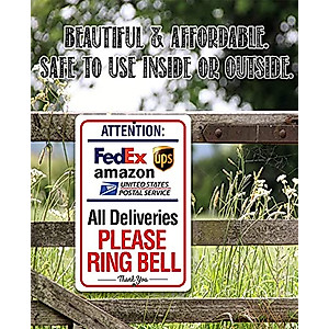 Delivery Sign for Package and Box Deliveries - Please Ring Bell Instructions - Directional Deliveries Metal Sign for Home Office, Porch Entryway Gate, 8x12 Aluminum Safe Use Indoors or Outdoors