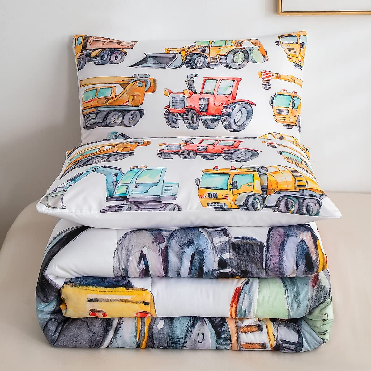 Erosebridal 7PCS Kids Excavator Comforter Set with Truck Fitted Sheet&Cartoon Car Top Sheet&Tractor Pillow Cases