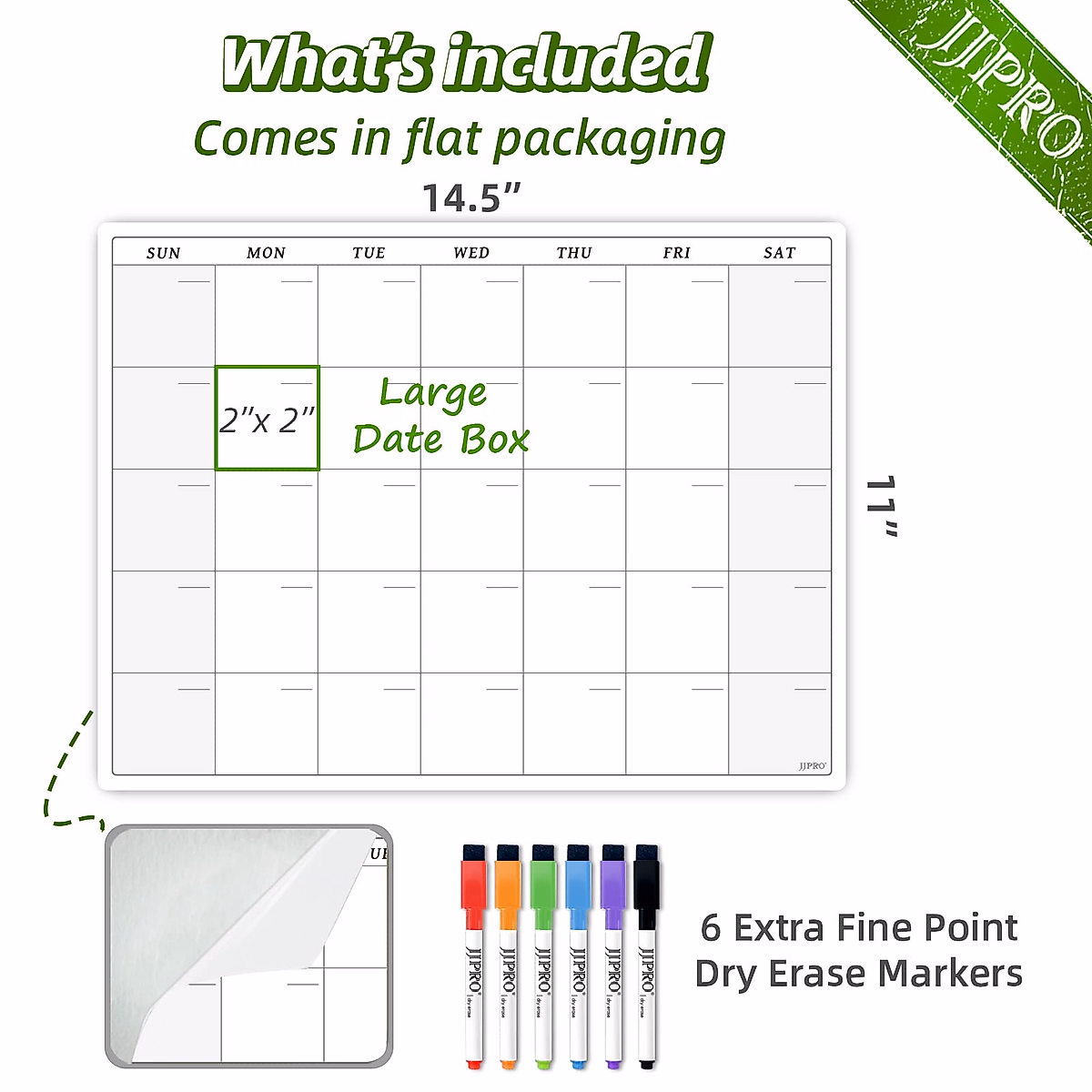JJPRO Non-Magnetic Reusable Monthly Calendar Whiteboard Clings to All Smooth Surfaces. Monthly Planning Board for Refrigerator, Cabinet,Door&Stainless Fridge, 6 Markers Included!