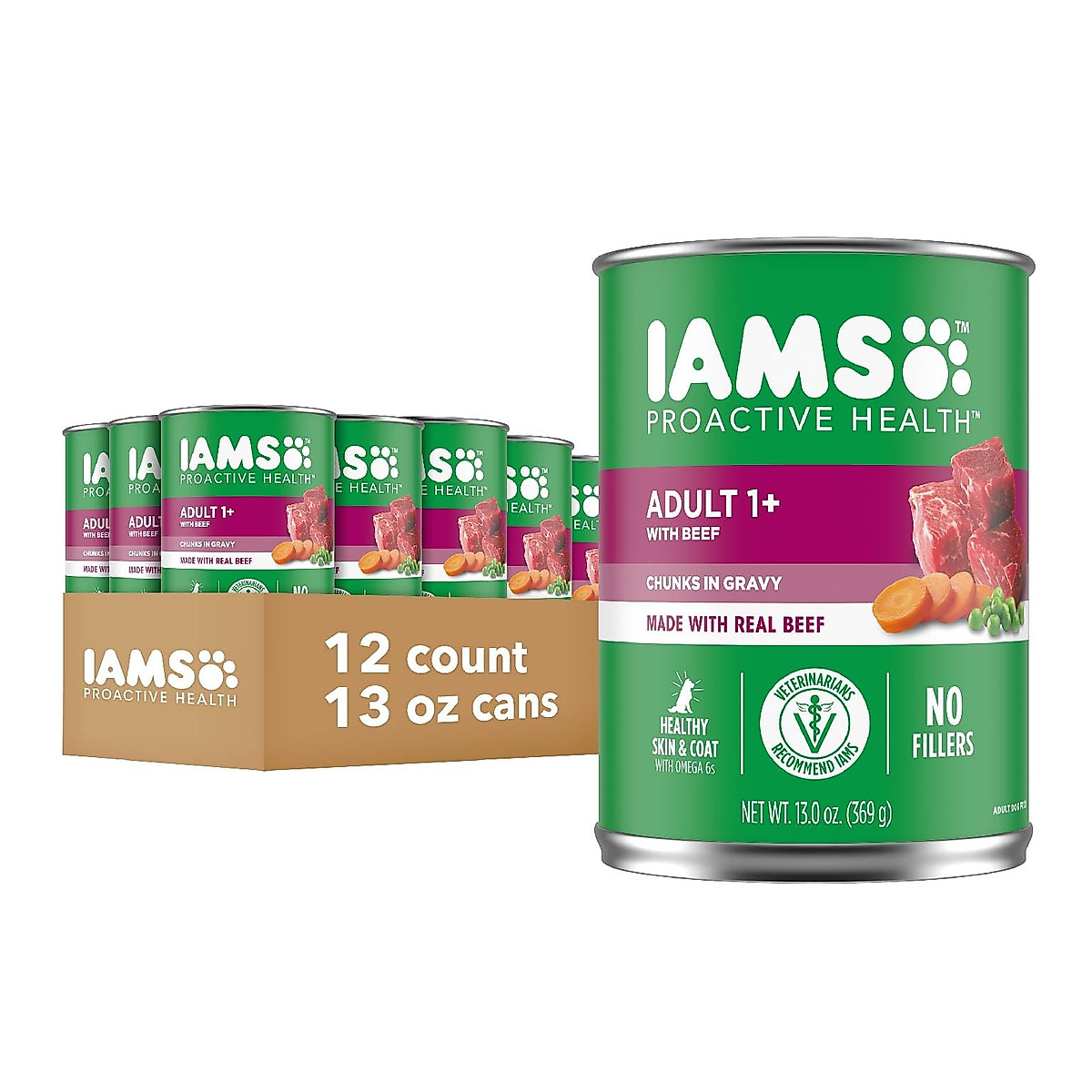 IAMS Proactive Health Adult Wet Dog Food Chunks in Gravy, Beef Recipe, 13 oz. Cans, Pack of 12