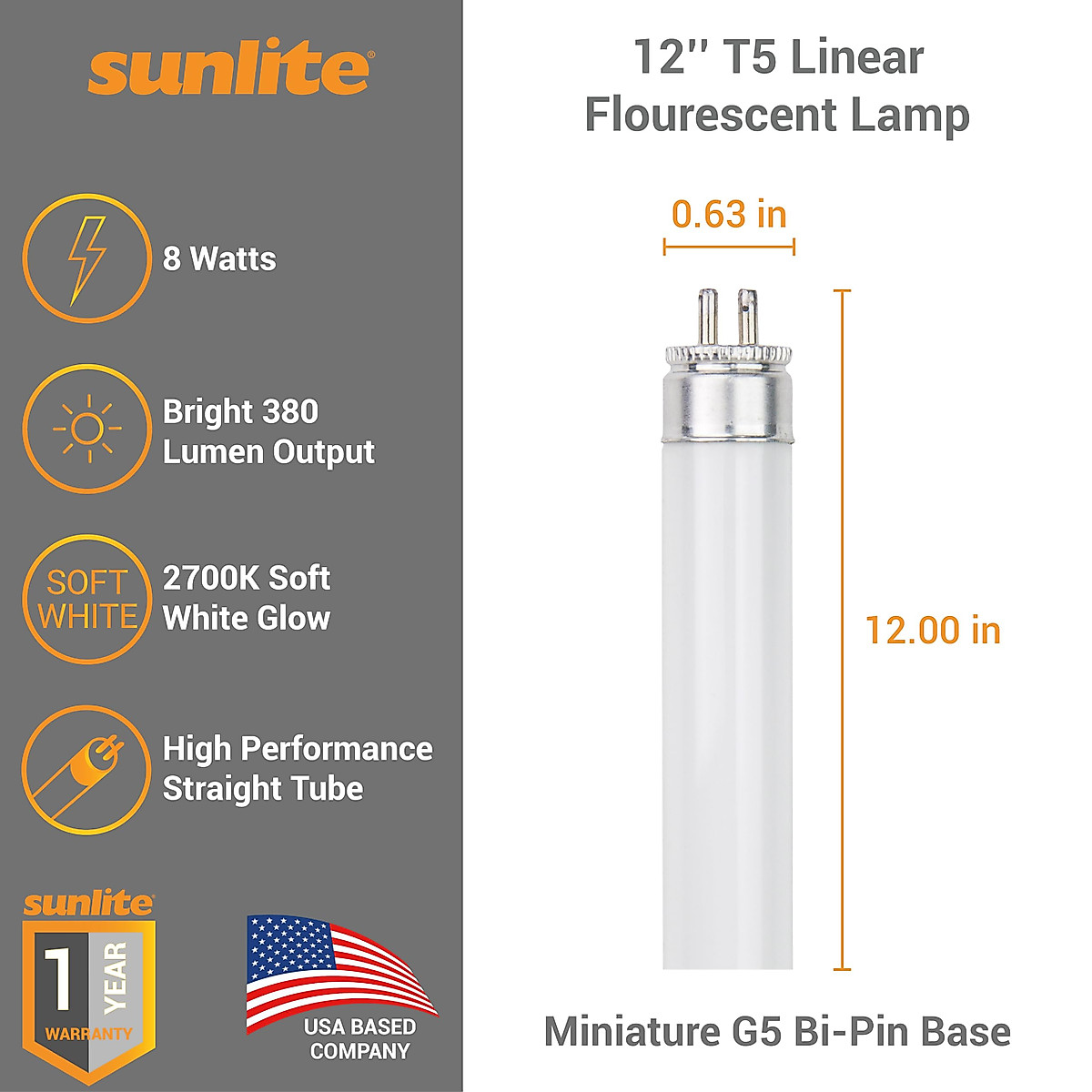 Sunlite 05065 F8T5/WW T5 Linear Fluorescent Lamp, 8 Watts, 380 Lumens, 2700K Soft White, Miniature G5 Bi-Pin Base, ROHS Compliant, High Performance Straight Tube, 10 Pack