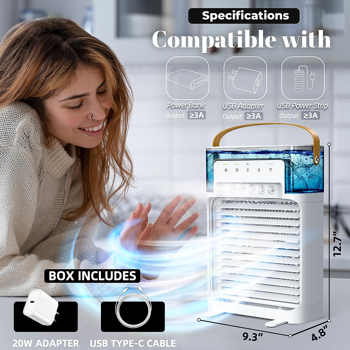 Portable Air Conditioner with Cooling Mist and Remote, Quiet comfort with 4 Speeds, XL 1200ml tank, Personal AC Fan with 5 Mists, 7 Night Lights, 2, 4, 6, 8H Timer, for Home, Office, White