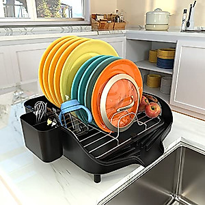 Dish Drying Rack, Expandable Dish Rack for Kitchen Counter(14'' to 20") Auto-Drain Stainless Steel Cutlery Rack and Utensil Holder, Kitchen Dish Drainer Rack - Black