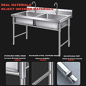 Free Standing Commercial Sink Thickened Portable Single Bowl Stainless Steel Hand Washing Sink Suitable for Outdoor Indoor Garage Kitchen Laundry (50 X 50 X 80cm)