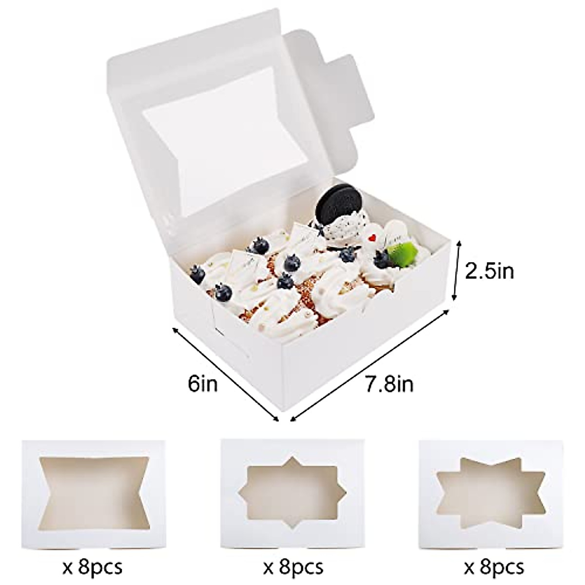 Moretoes 24pcs 8x6x2.5 Inches Cookie Treat Boxes White Bakery Boxes with 3 Style Window for Cookie, Pastry, Dessert,Chocolate Covered Strawberry and Candy GIft-giving